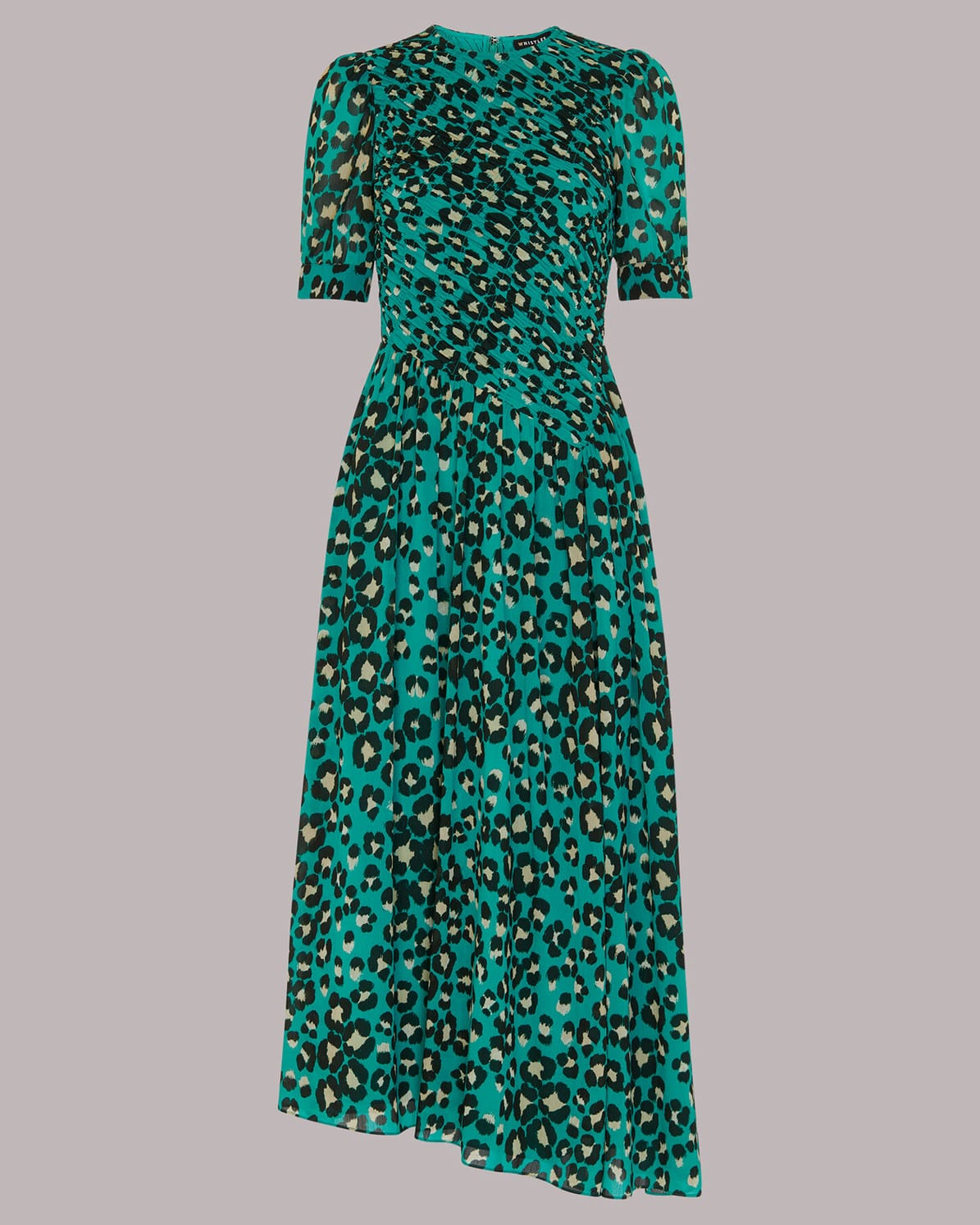 WHISTLES Painted Leopard Shirred Dress in Green/Multi | endource