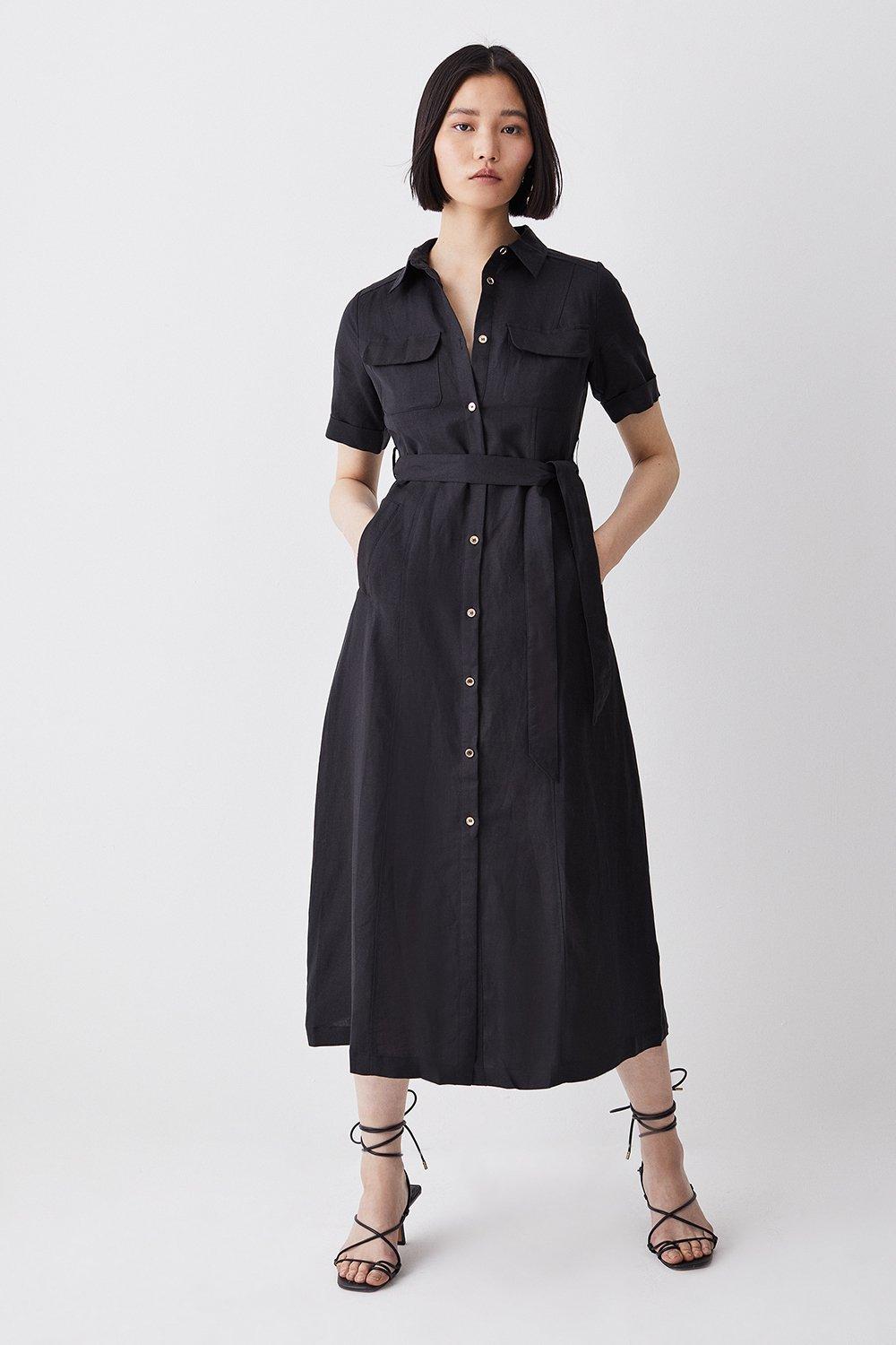 KAREN MILLEN Linen Midi Shirt Dress in Black | Endource