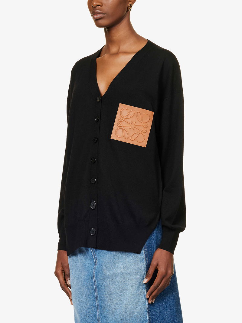 LOEWE Monogram-Embroidered Wool Knitted Cardigan in BLACK | endource