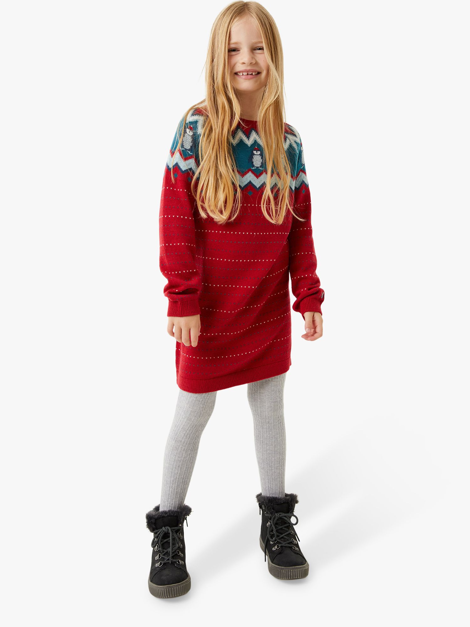 FATFACE Kids' Pippa Penguin Fair Isle Jumper Dress in Red | endource
