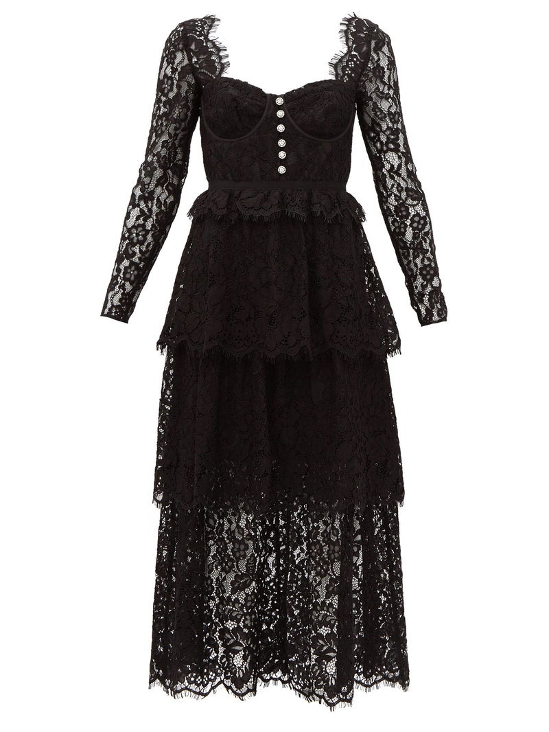 SELF-PORTRAIT Crystal-Button Lace Midi Dress in Black | Endource