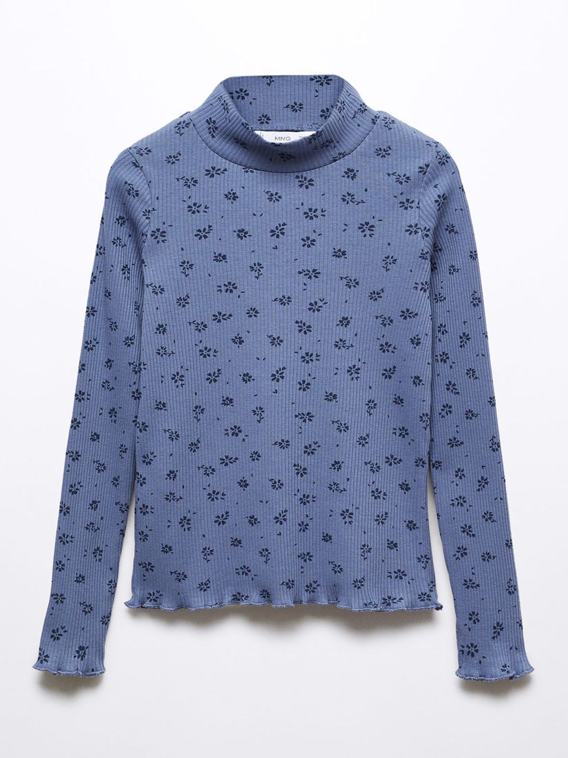 MANGO Turborib Floral Ribbed High Neck Top in Medium Blue | Endource