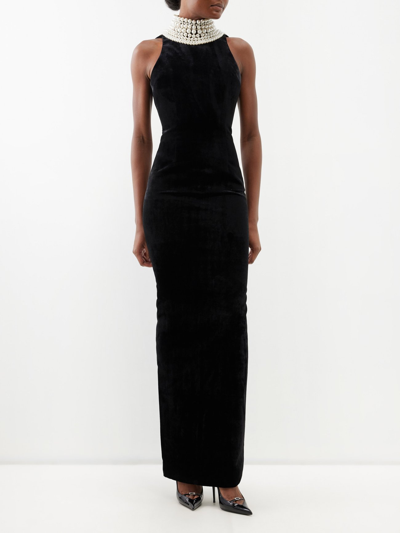 BALMAIN Faux-Pearl Embellished Velvet Gown in Black | Endource