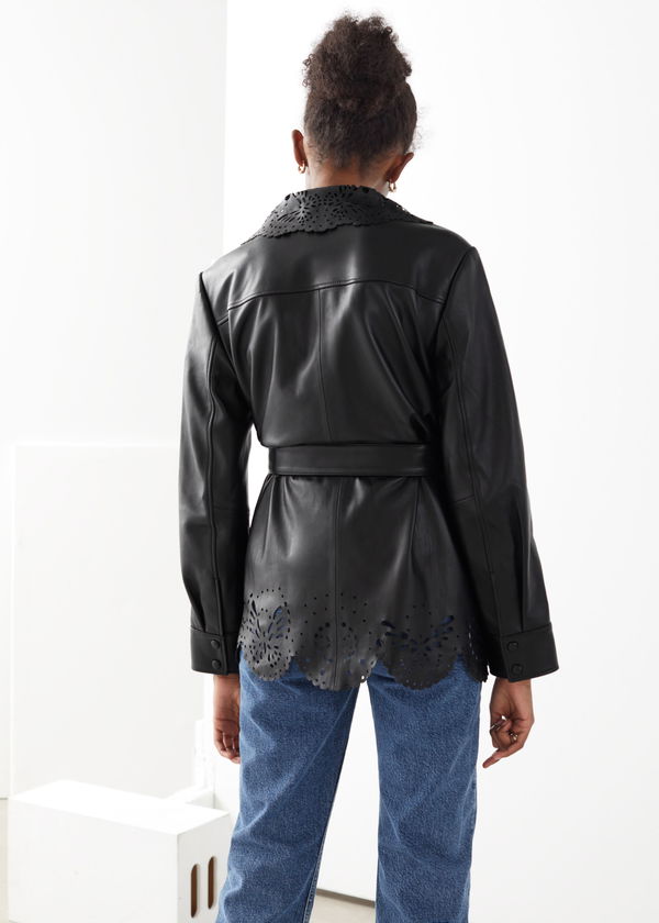 & OTHER STORIES Belted Laser Cut Leather Jacket in Black | endource