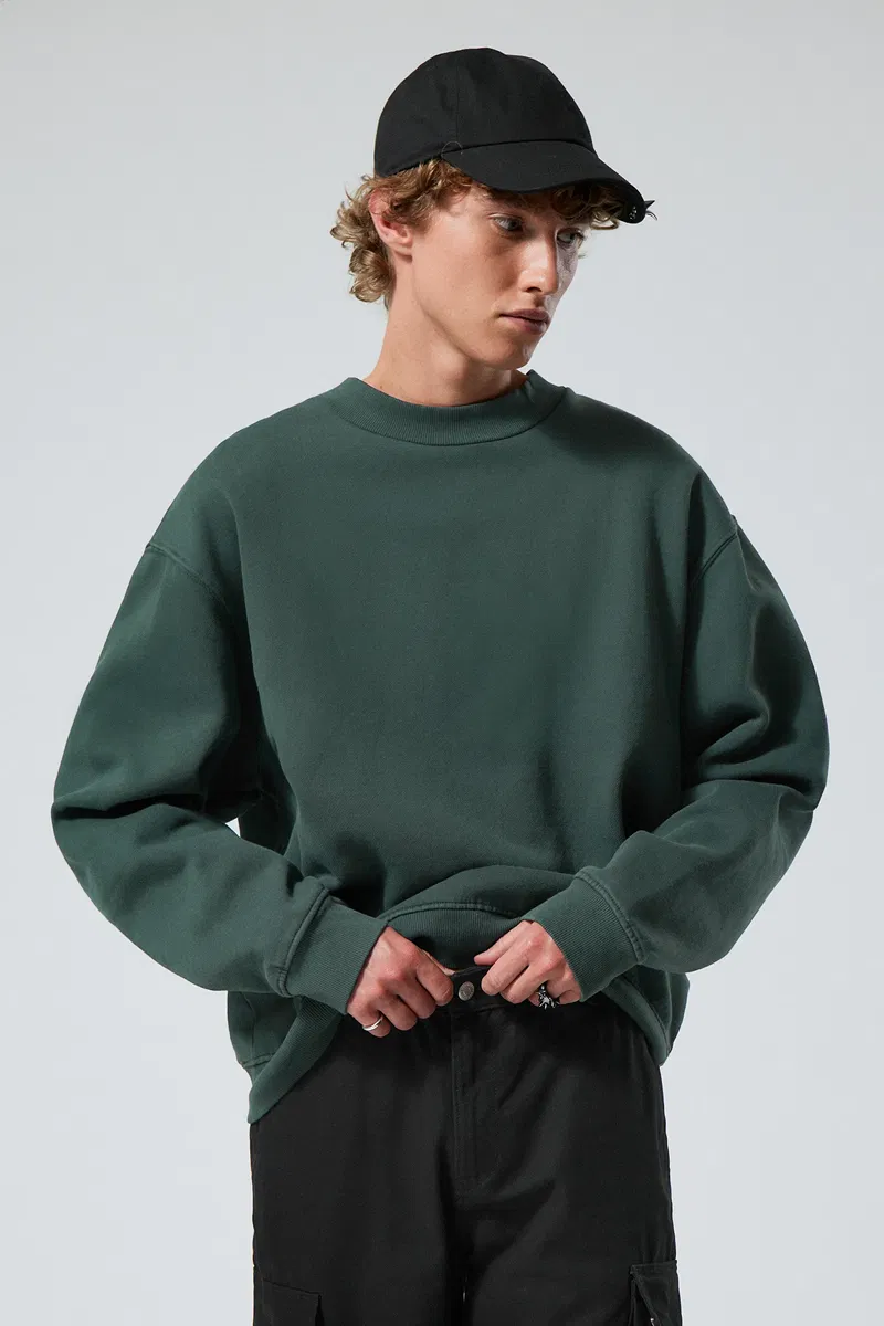 WEEKDAY Relaxed Heavyweight Sweatshirt in Dark Washed Green | endource