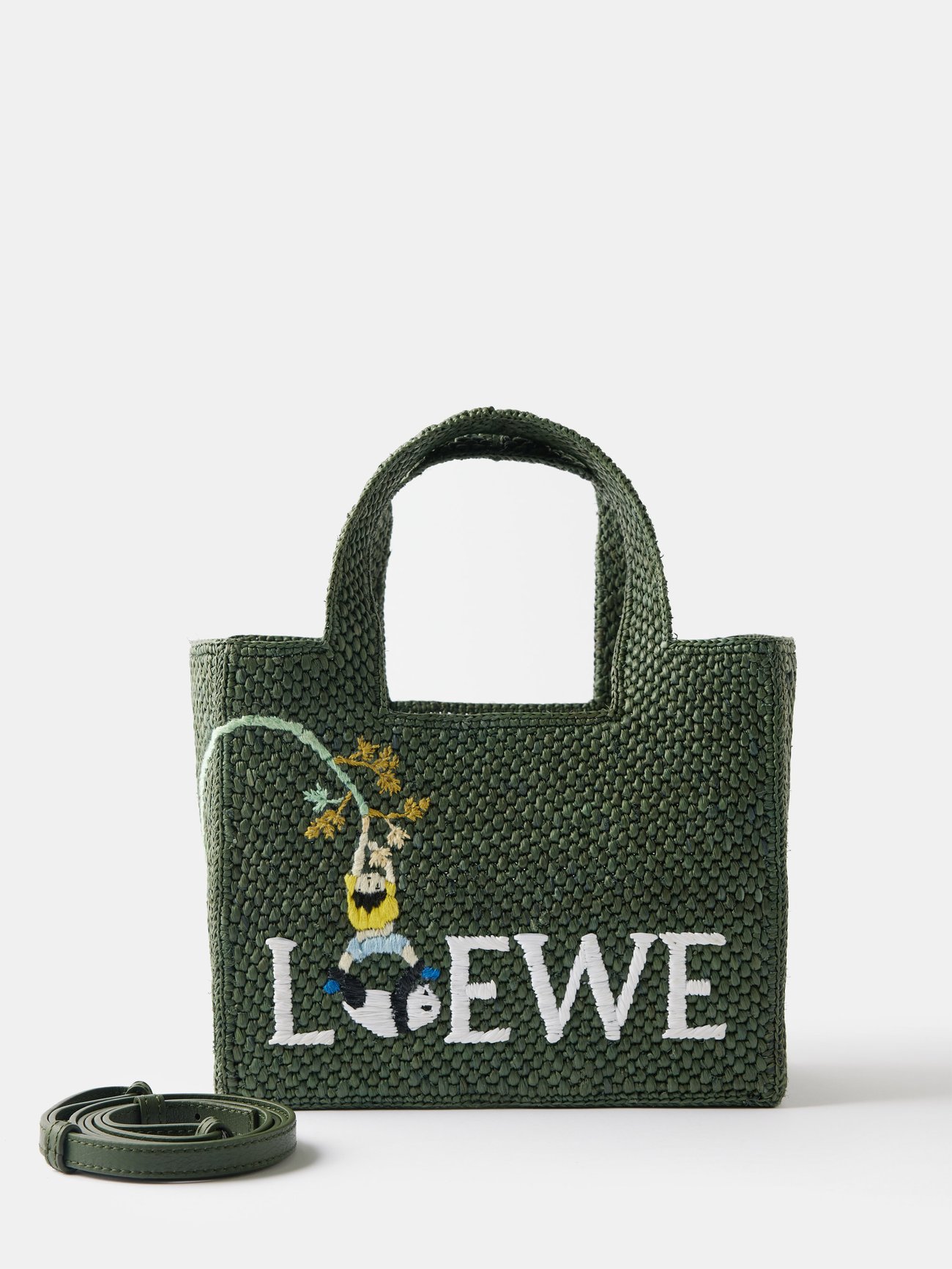 LOEWE Panda-Embroidered Raffia Leather-Trim Tote Bag in Green | endource