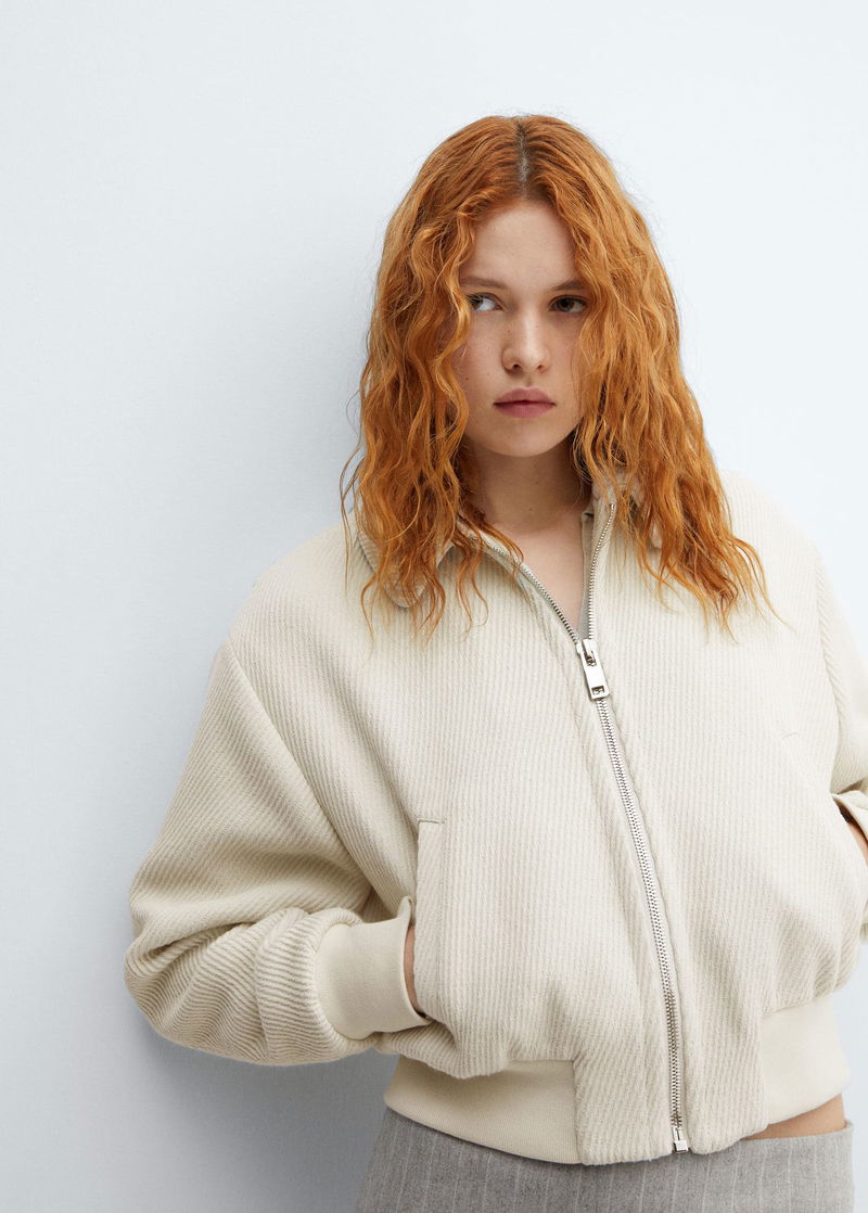 MANGO Textured Bomber Jacket in Ecru | Endource