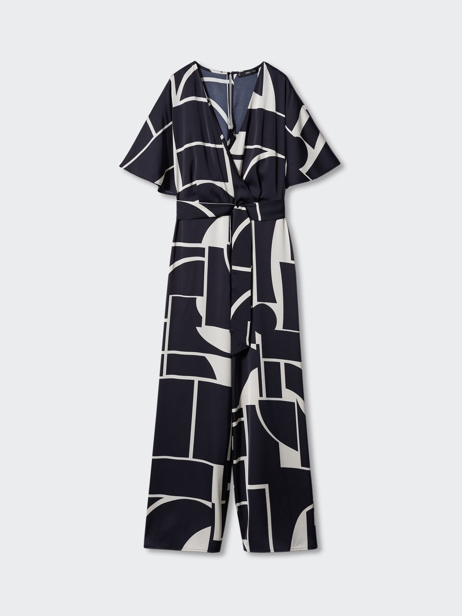 MANGO Zelda Geometric Print Satin Jumpsuit in Black/White | endource