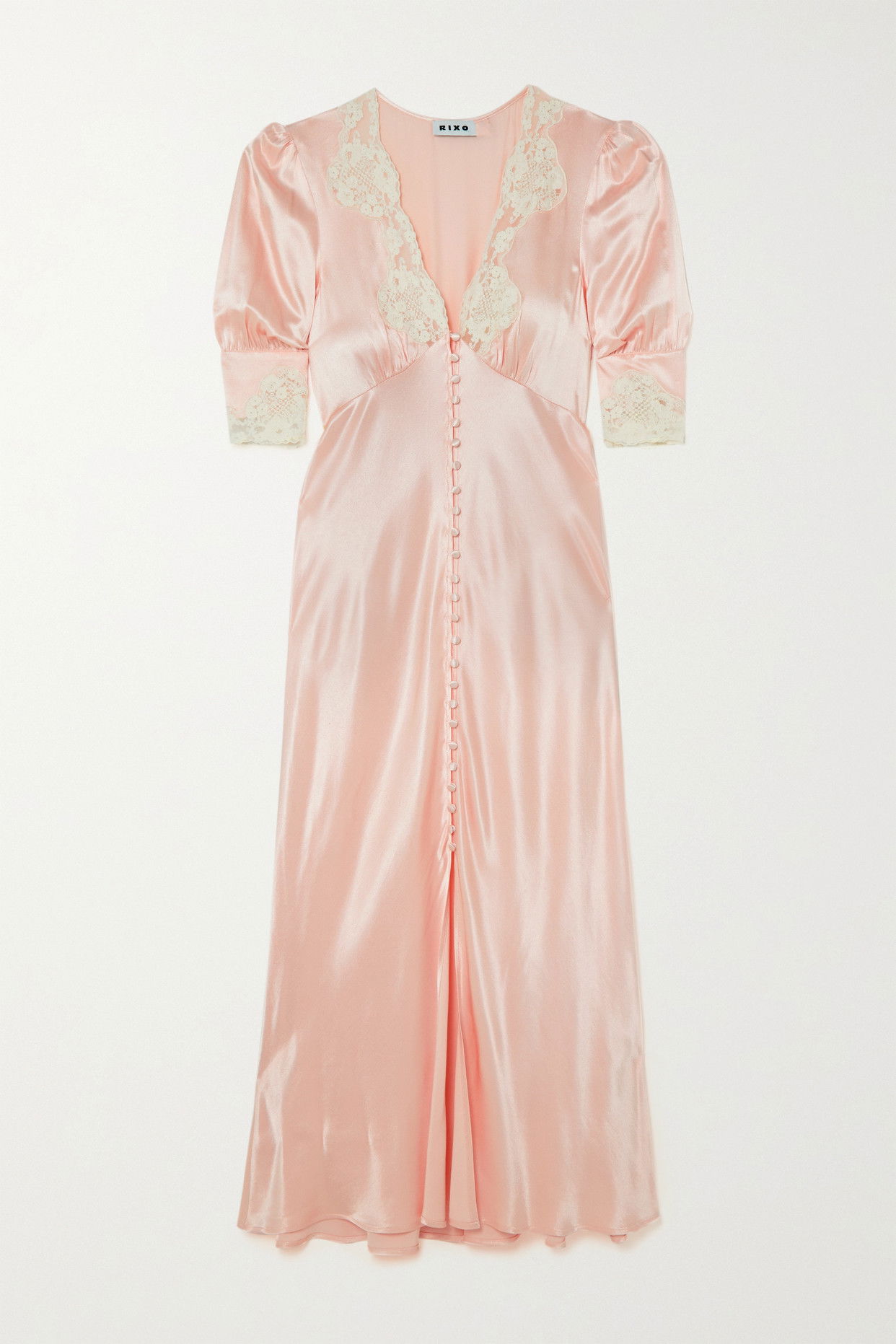 RIXO Simone Cotton Lace-Trimmed Satin Midi Dress in Pink | endource