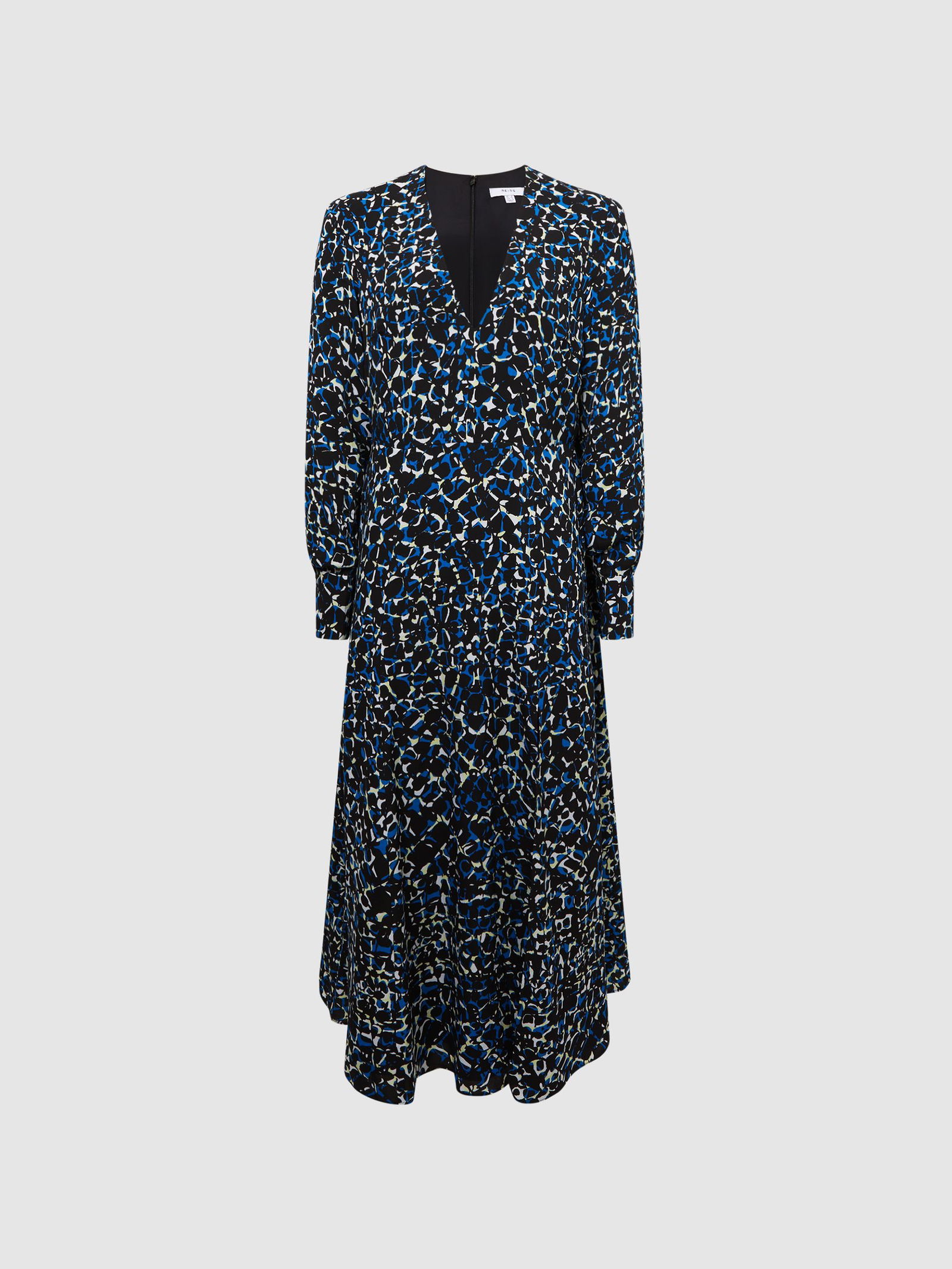 REISS Greta Long Sleeve Printed Midi Dress in Navy/Blue | endource