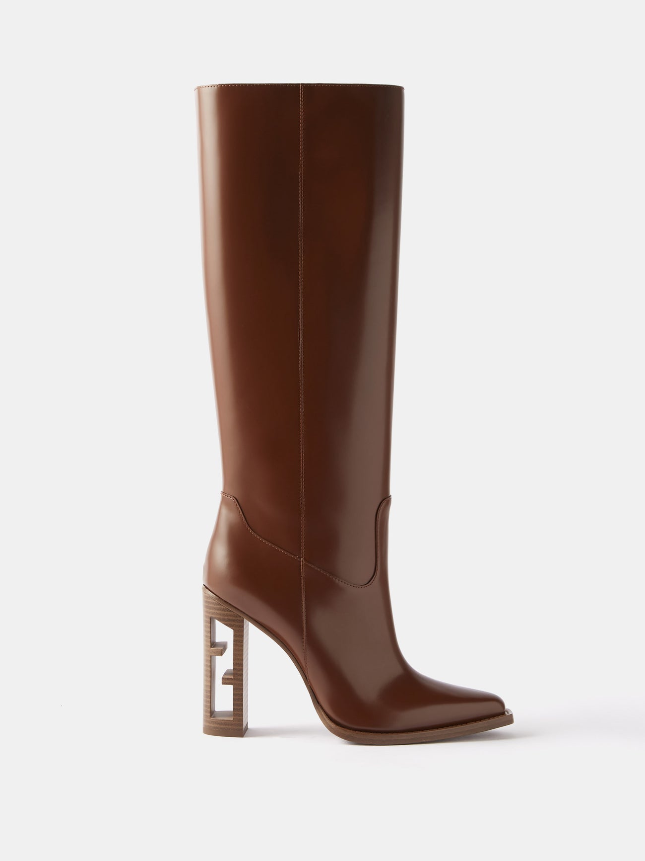 FENDI FF-Heel Leather Knee-High Boots in Brown | endource