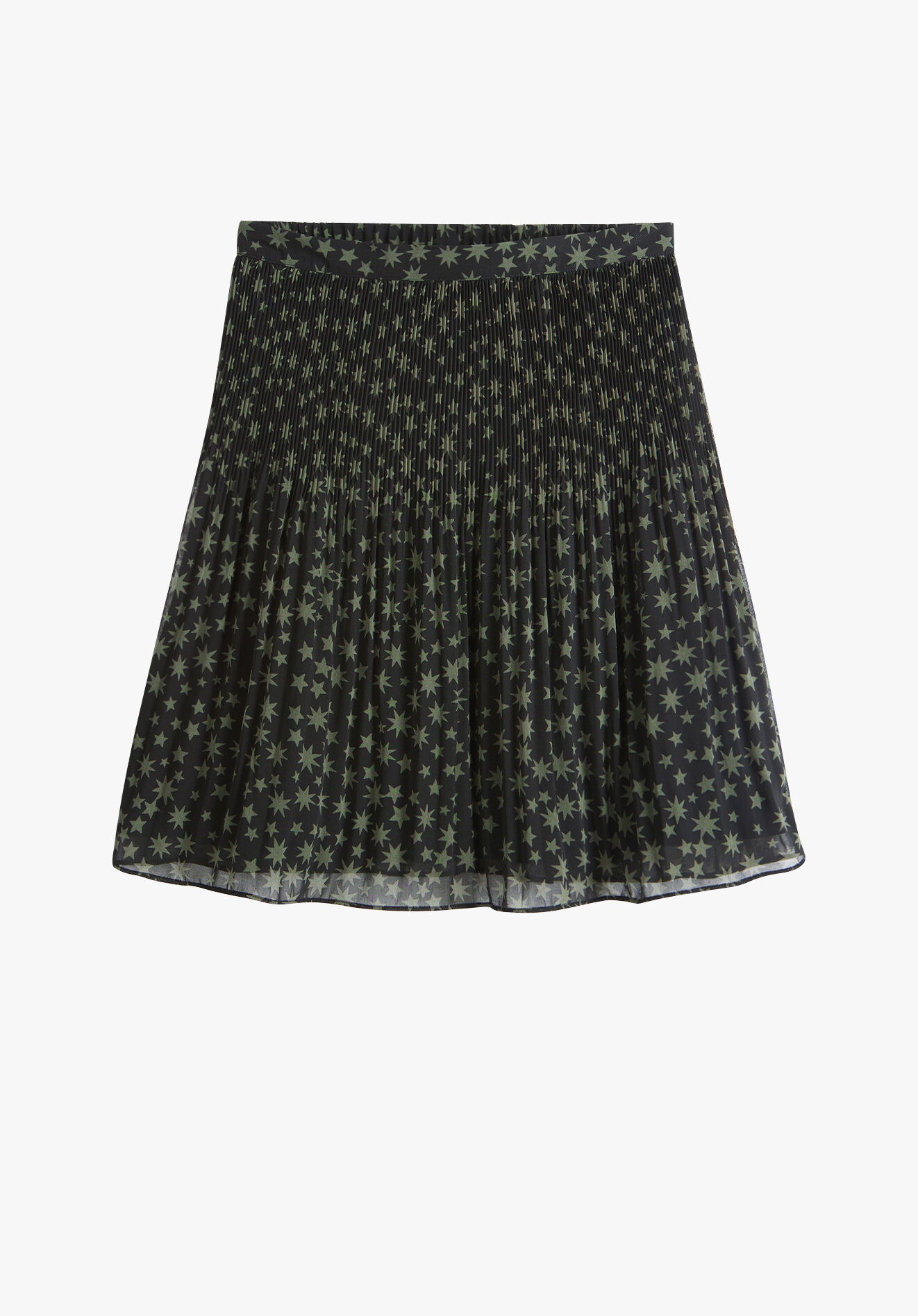 HUSH Nevah Pleat Mini Skirt in Multi Star Black/Khaki | endource
