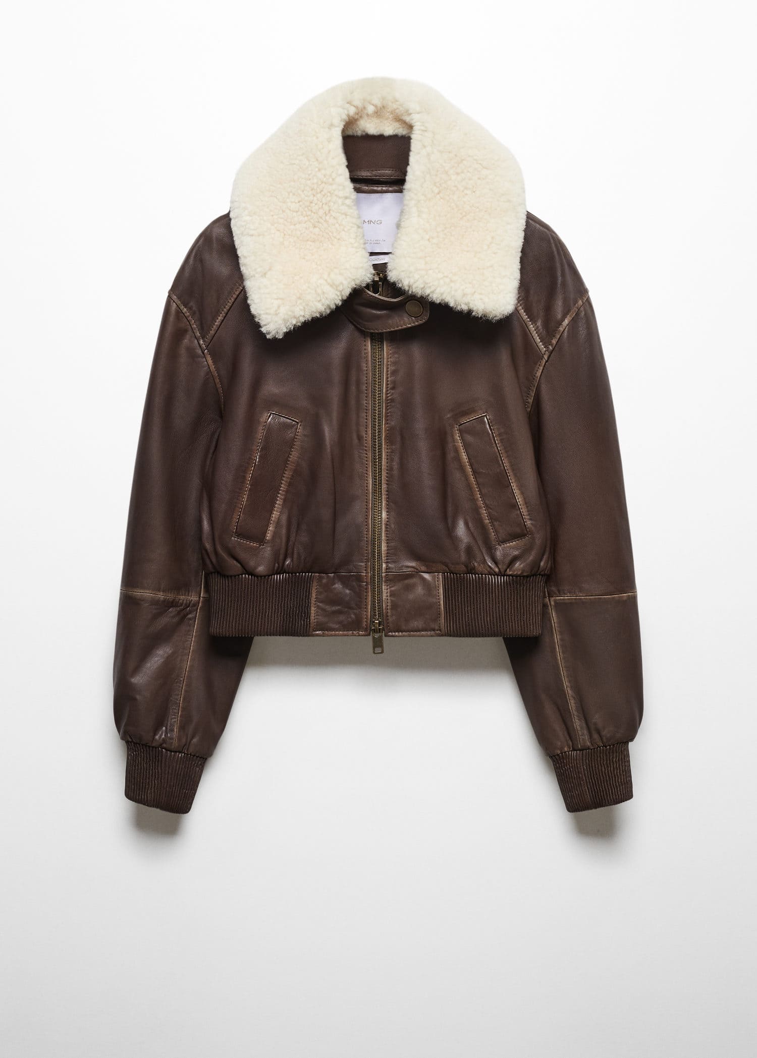 MANGO Leather Bomber Jacket With Shearling Collar in Brown | endource
