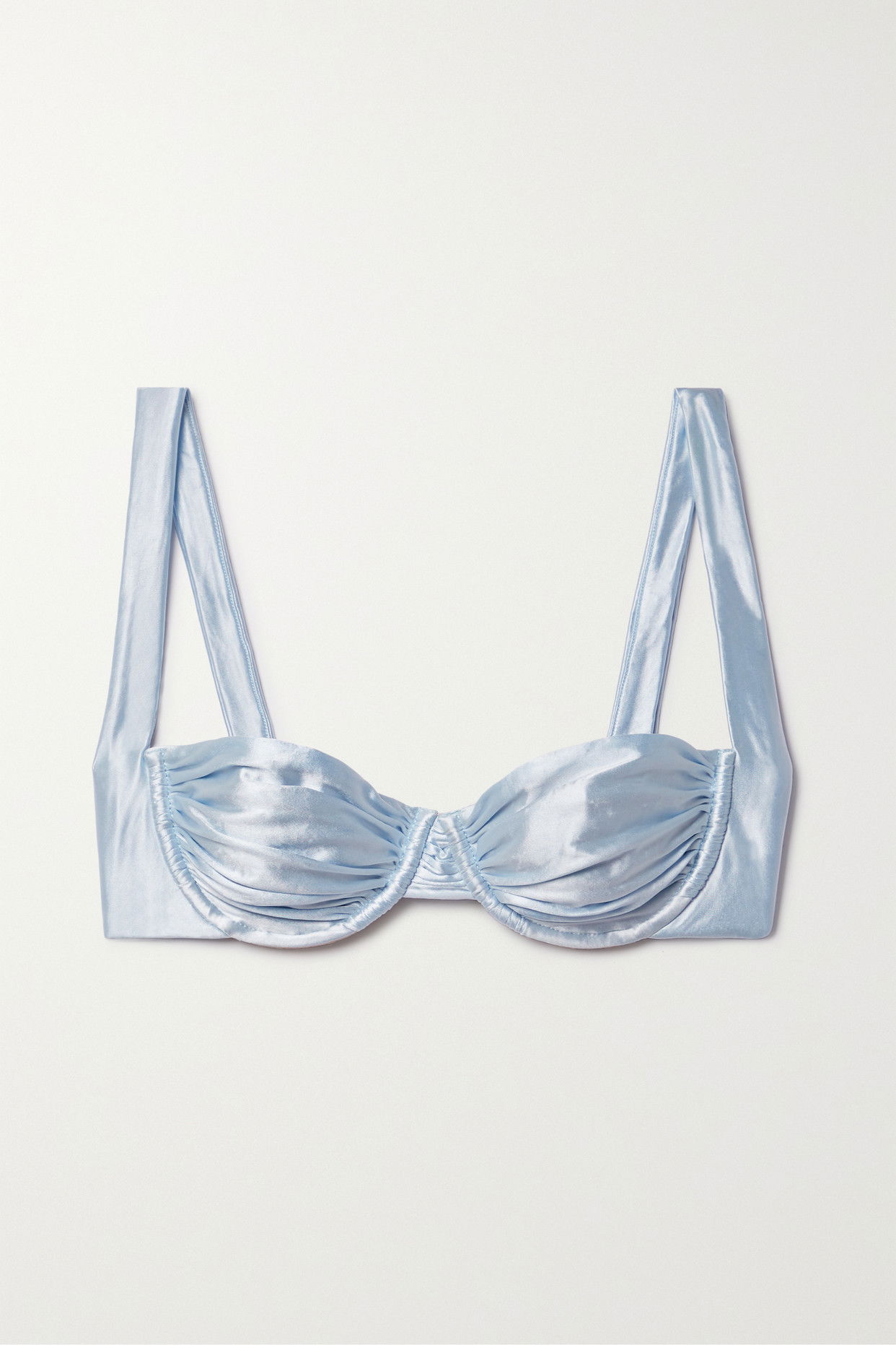 ISA BOULDER Brie Ruched Metallic Stretch Bikini Top in Blue | endource