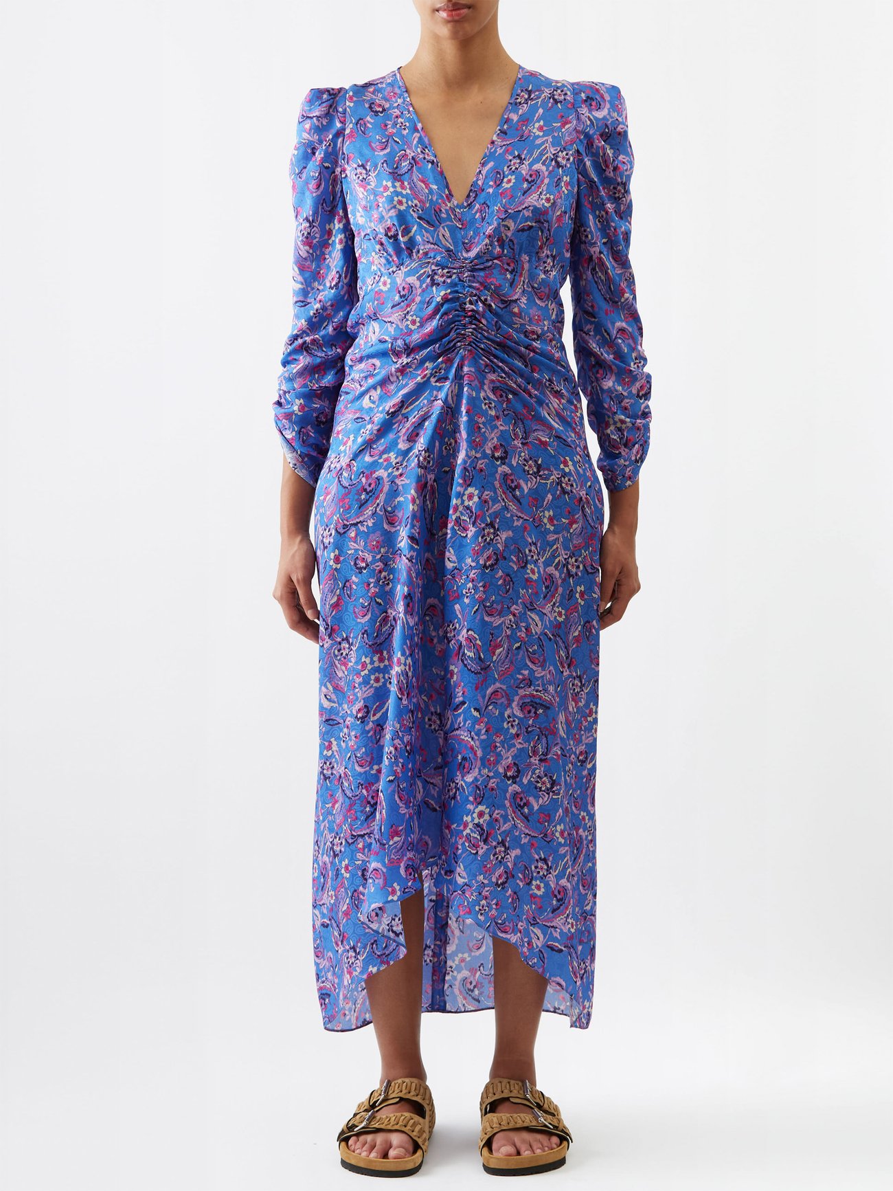 ISABEL MARANT V-Neck Albini-Print Ruched Jacquard Midi Dress in Blue ...