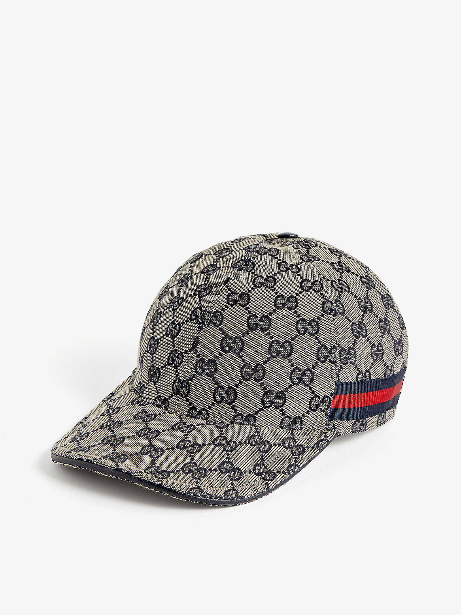 GUCCI Monogram-Pattern Striped-Trim Canvas Cap in Beige Blu+blu+b/r/b ...