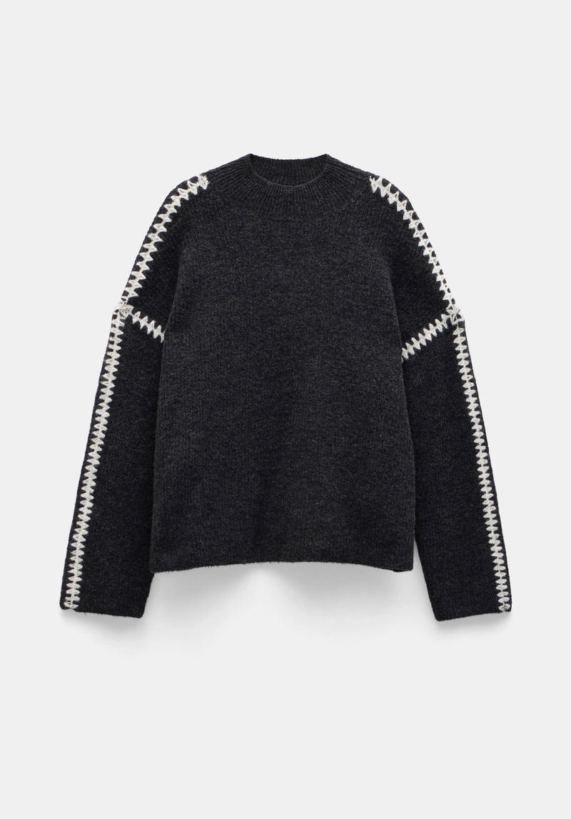 HUSH Celine Contrast Stitch Wool Blend Jumper in Charcoal Marl/Off ...