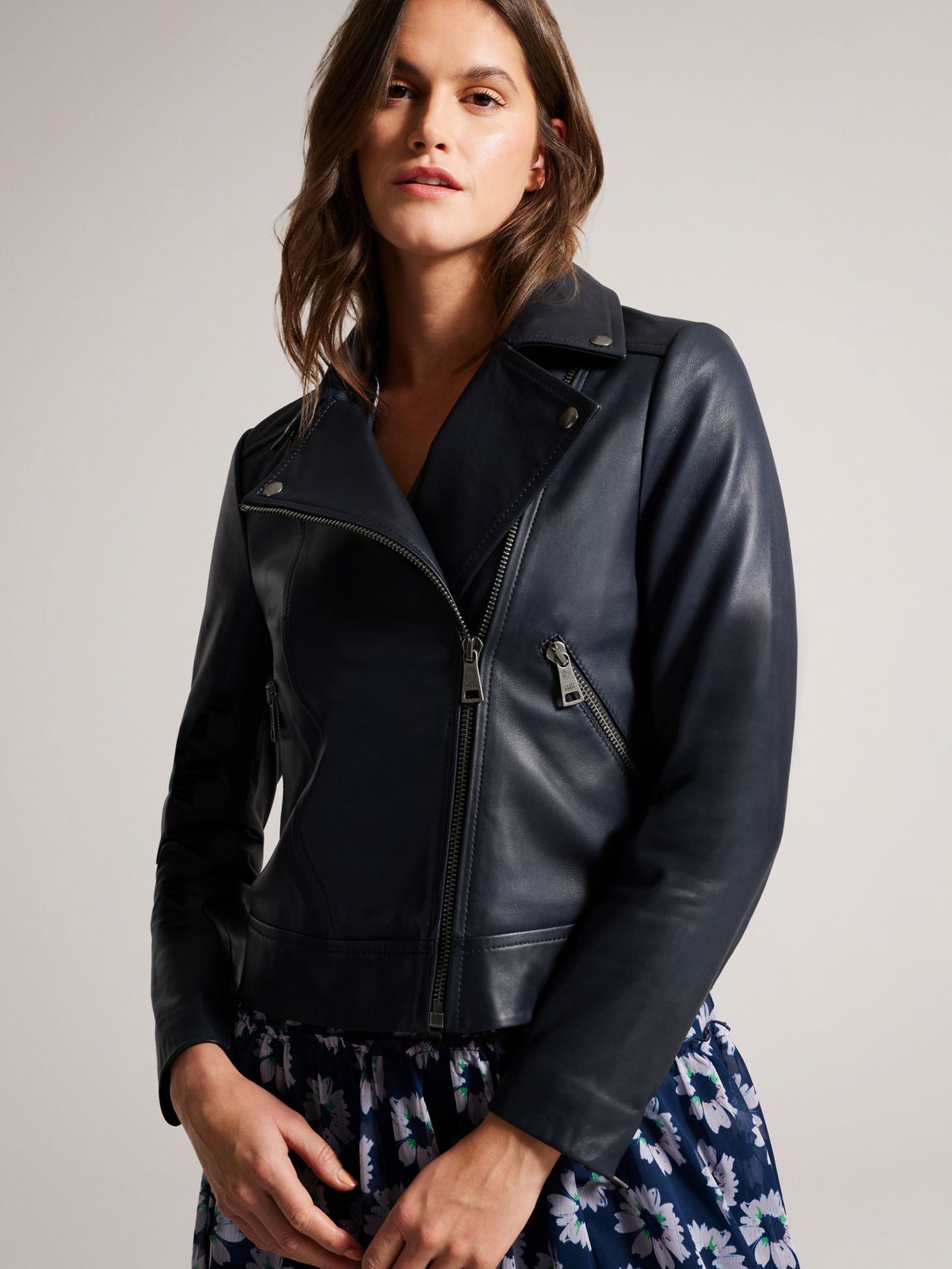 TED BAKER Ellaar Leather Biker Jacket in Dark Navy | endource