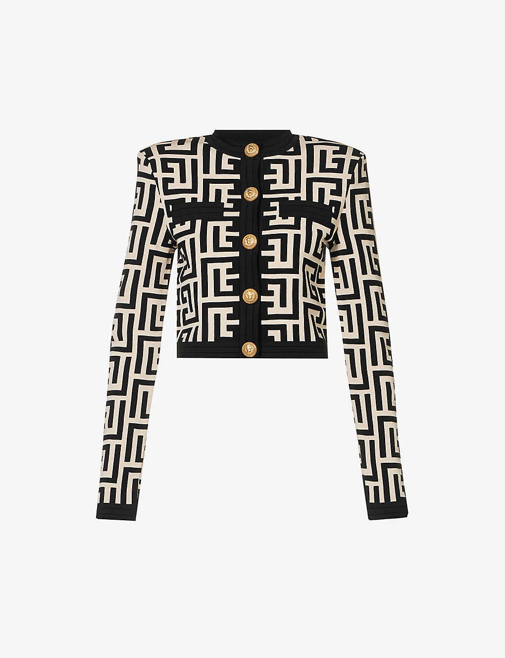 BALMAIN Monogram-Print Cropped Wool-Blend Cardigan in Ivoire Noir ...