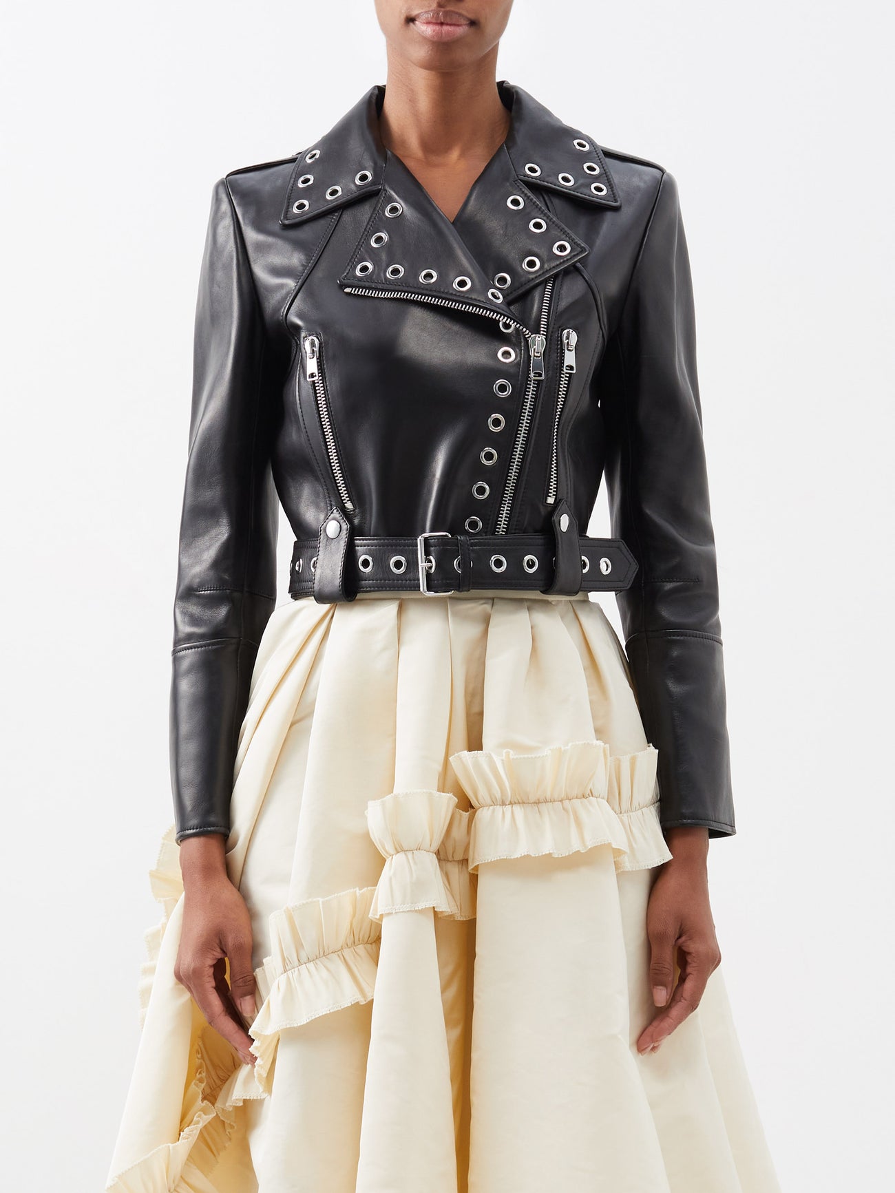 ALEXANDER MCQUEEN Rivet-Embellished Cropped Leather Biker Jacket in ...