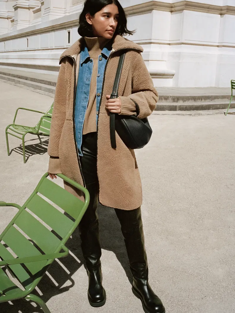 ARKET Leather Detailed Pile Coat in Beige/Black | endource