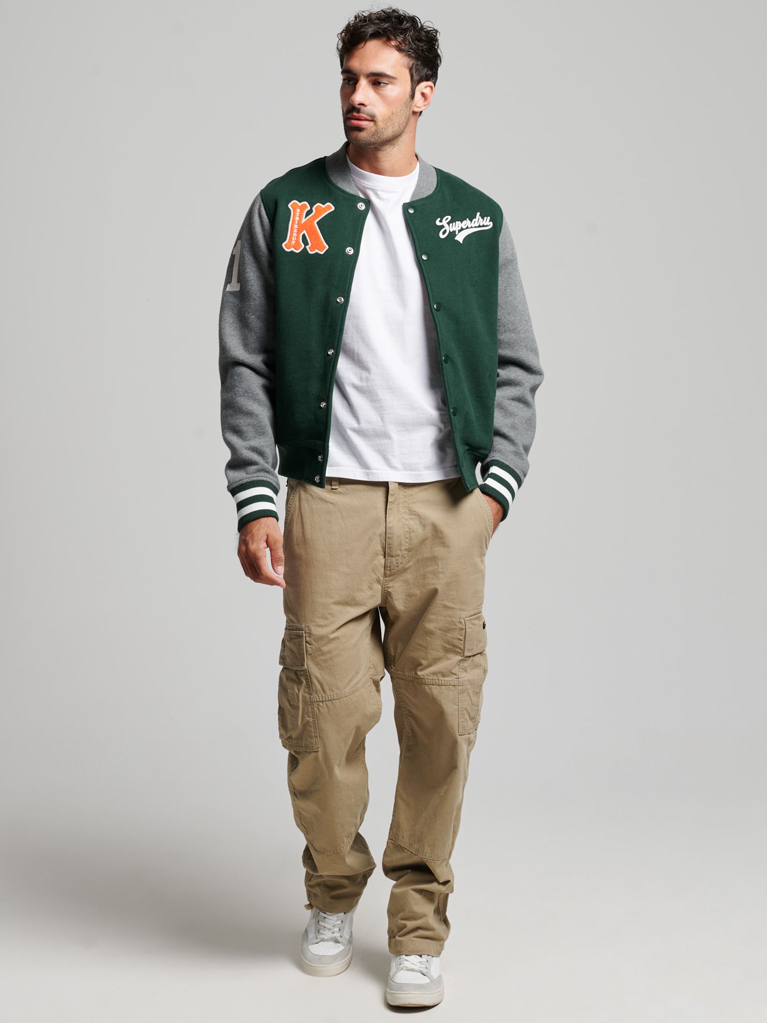 SUPERDRY College Varsity Patch Bomber Jacket in Green/Charcoal | endource