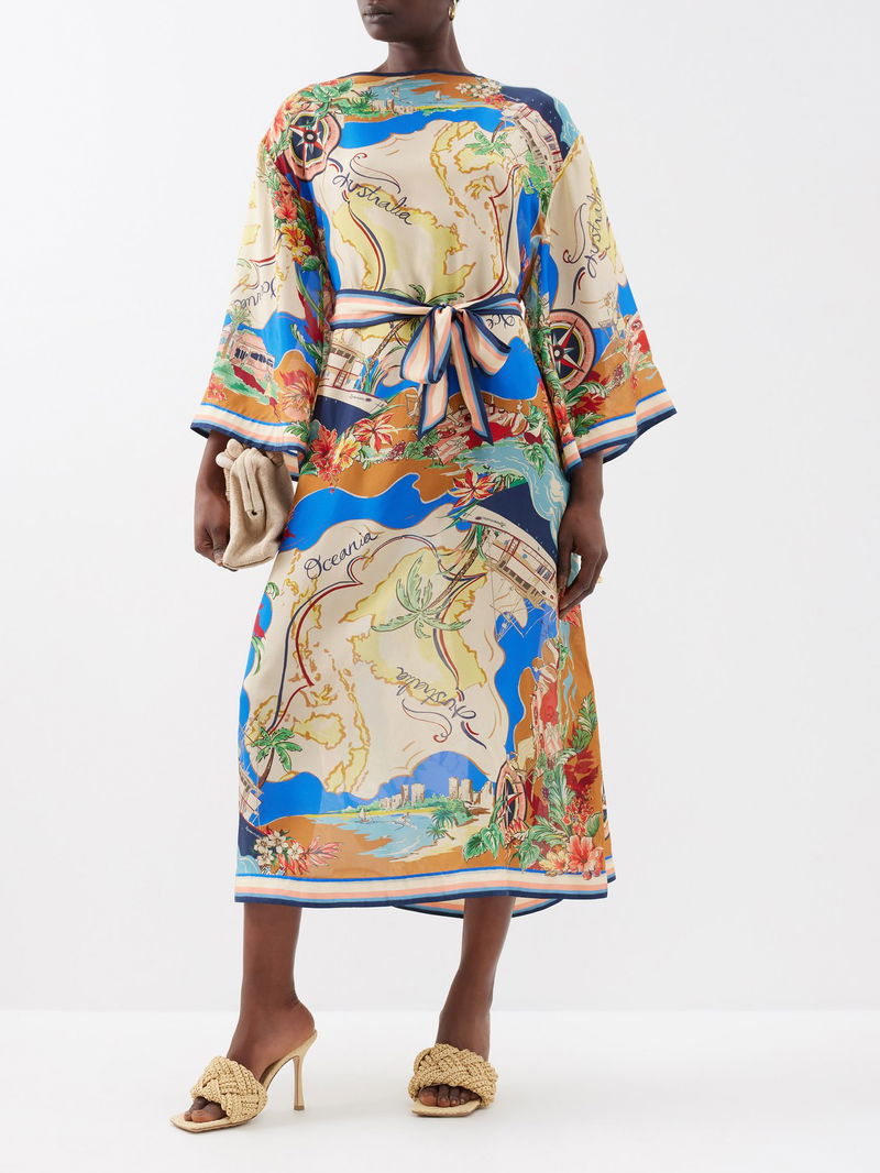 ZIMMERMANN Alight Map-Print Silk Kaftan Dress in Multicoloured | Endource