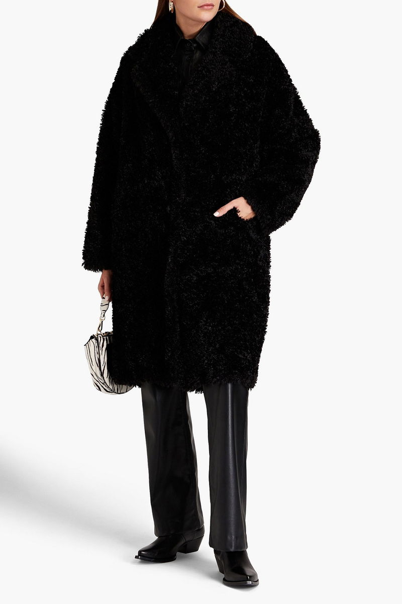 STAND STUDIO Anika Oversized Faux Shearling Coat in Black | Endource