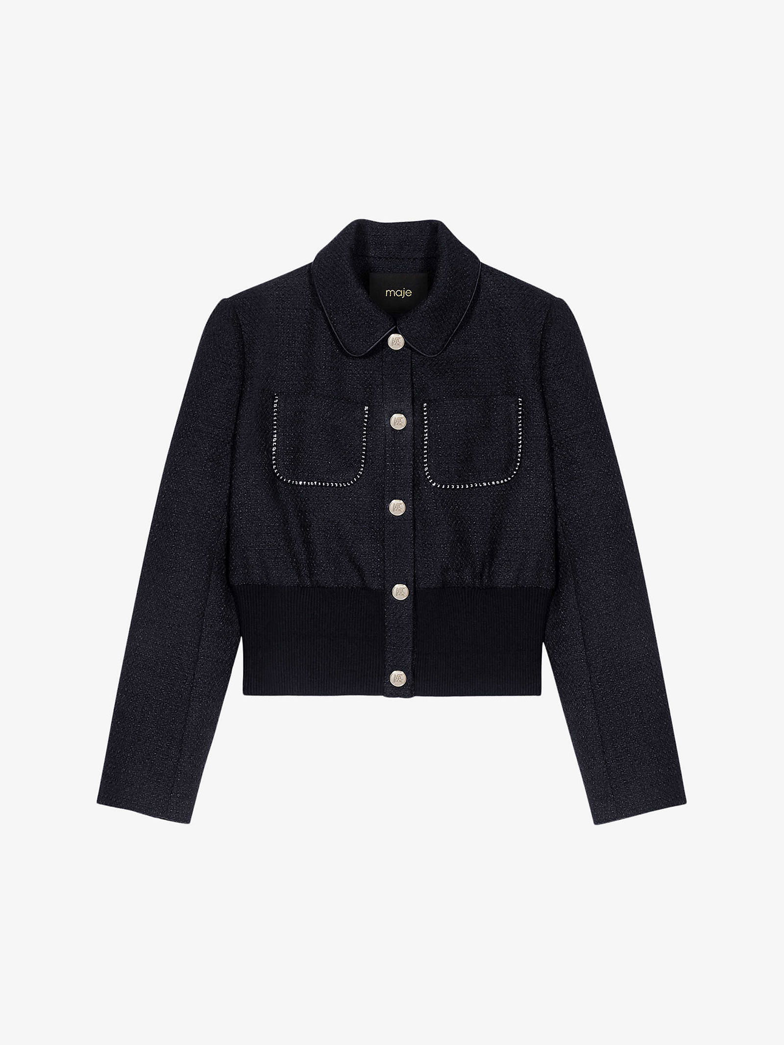 MAJE Chain-Trim Patch-Pocket Tweed Jacket in Noir / Gris | Endource