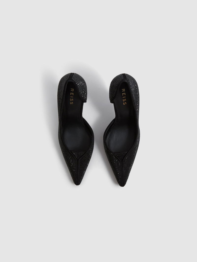 REISS Baines Crystal Pointed Court Heels in Black | Endource