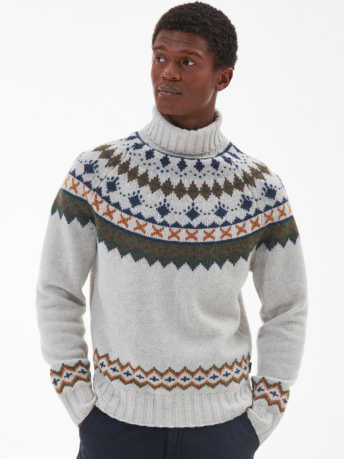 BARBOUR Fair Isle Roll Neck Jumper in Whisper White | endource