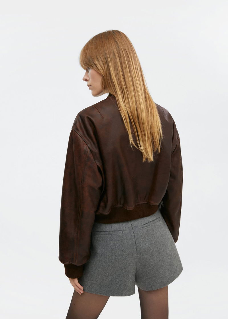 MANGO Leather Bomber Jacket in Brown | Endource