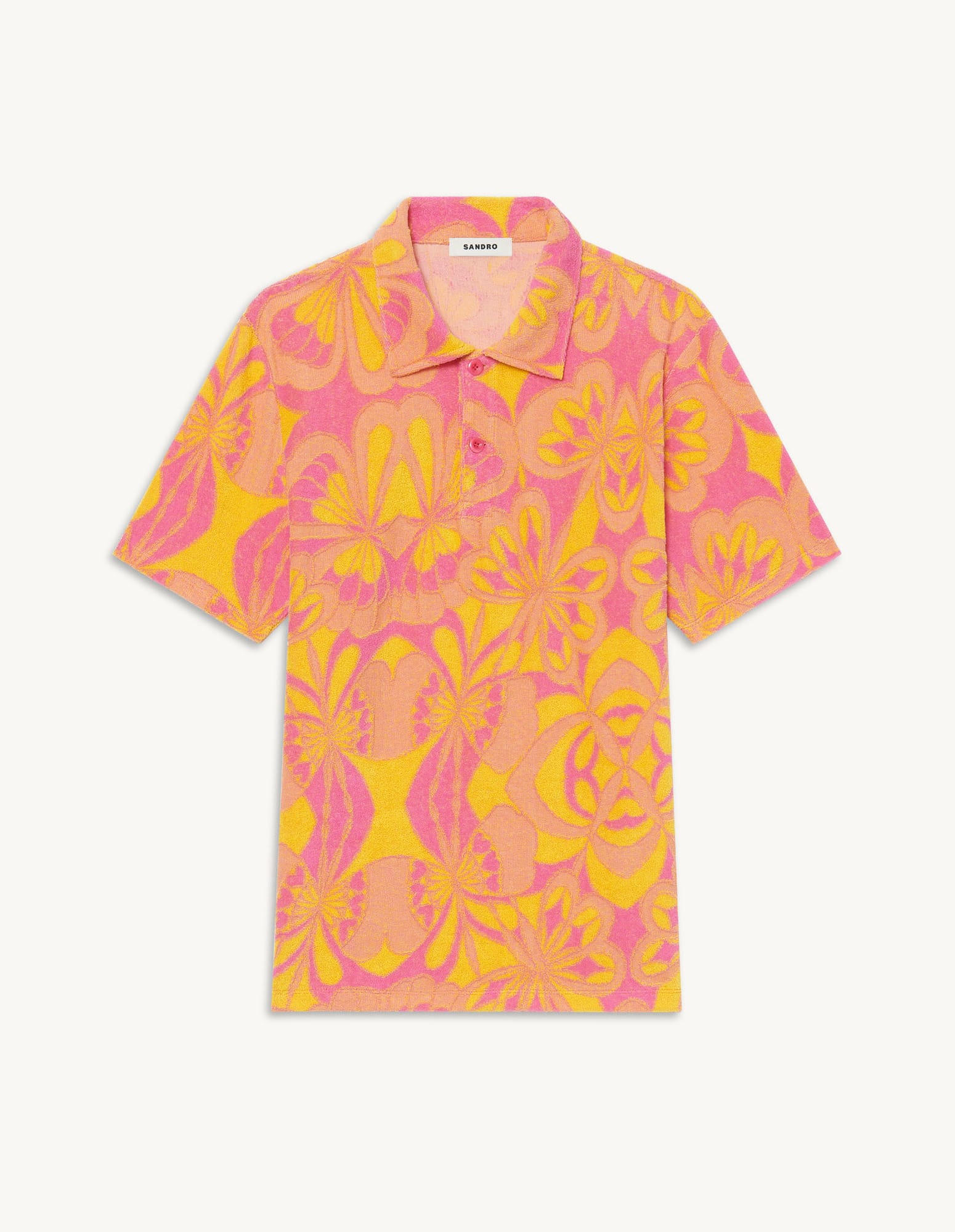 SANDRO Oversized Patterned Polo Shirt in Flowers Orange and pink | Endource