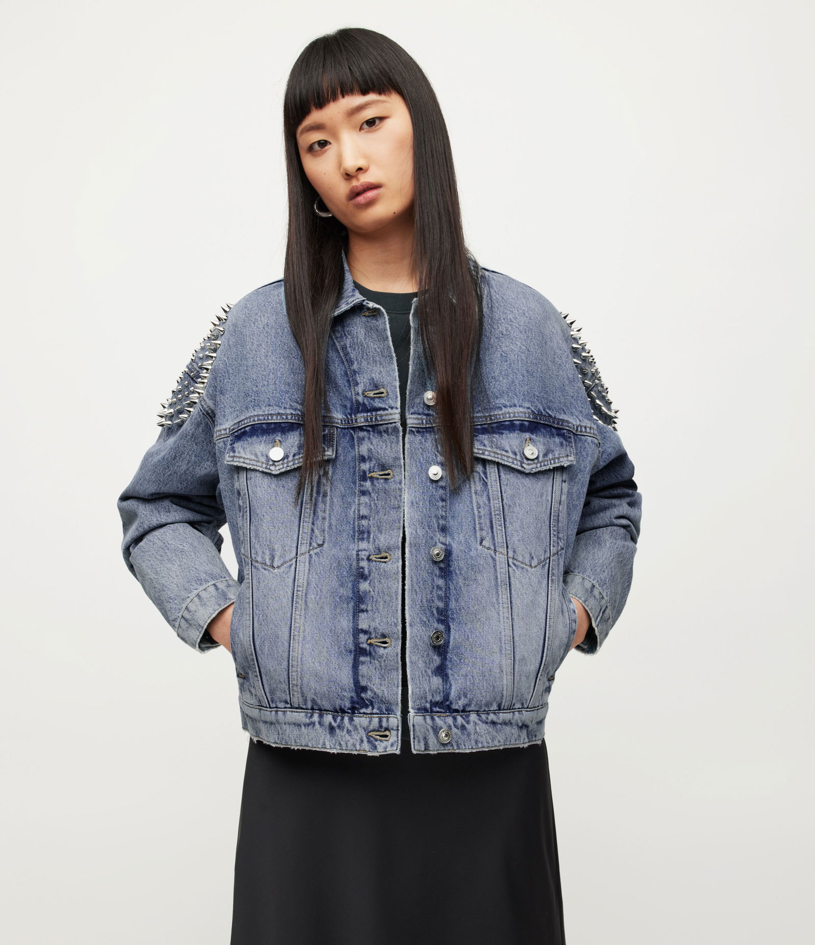 ALLSAINTS Bella Punk Studded Denim Jacket in Indigo Blue | endource