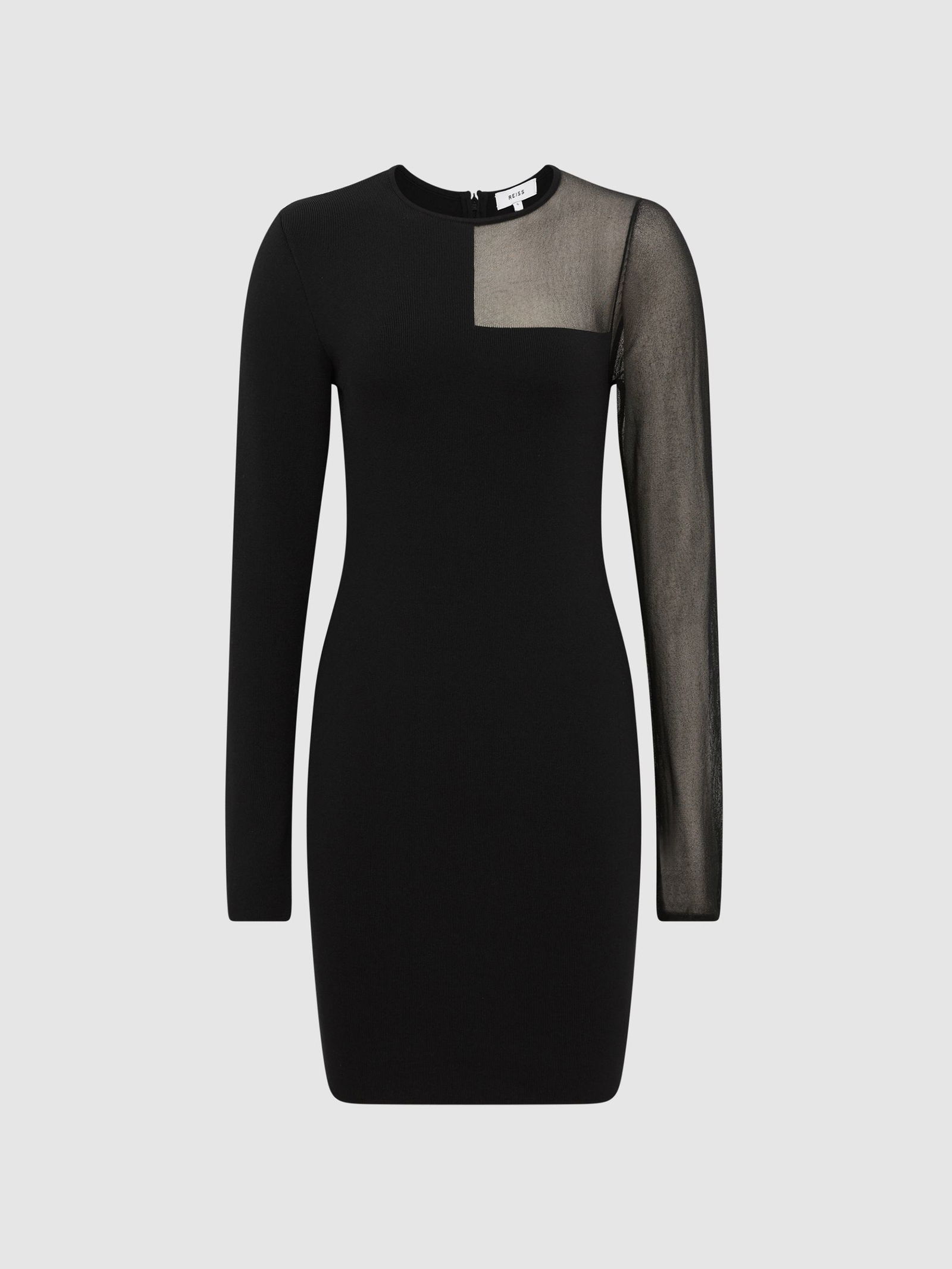 REISS Kat Sheer Panel Knitted Bodycon Mini Dress in Black | endource