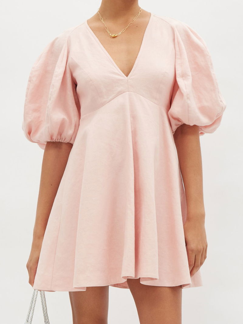 ZIMMERMANN Dancer Puff-Sleeve Linen Mini Dress in Pink | endource
