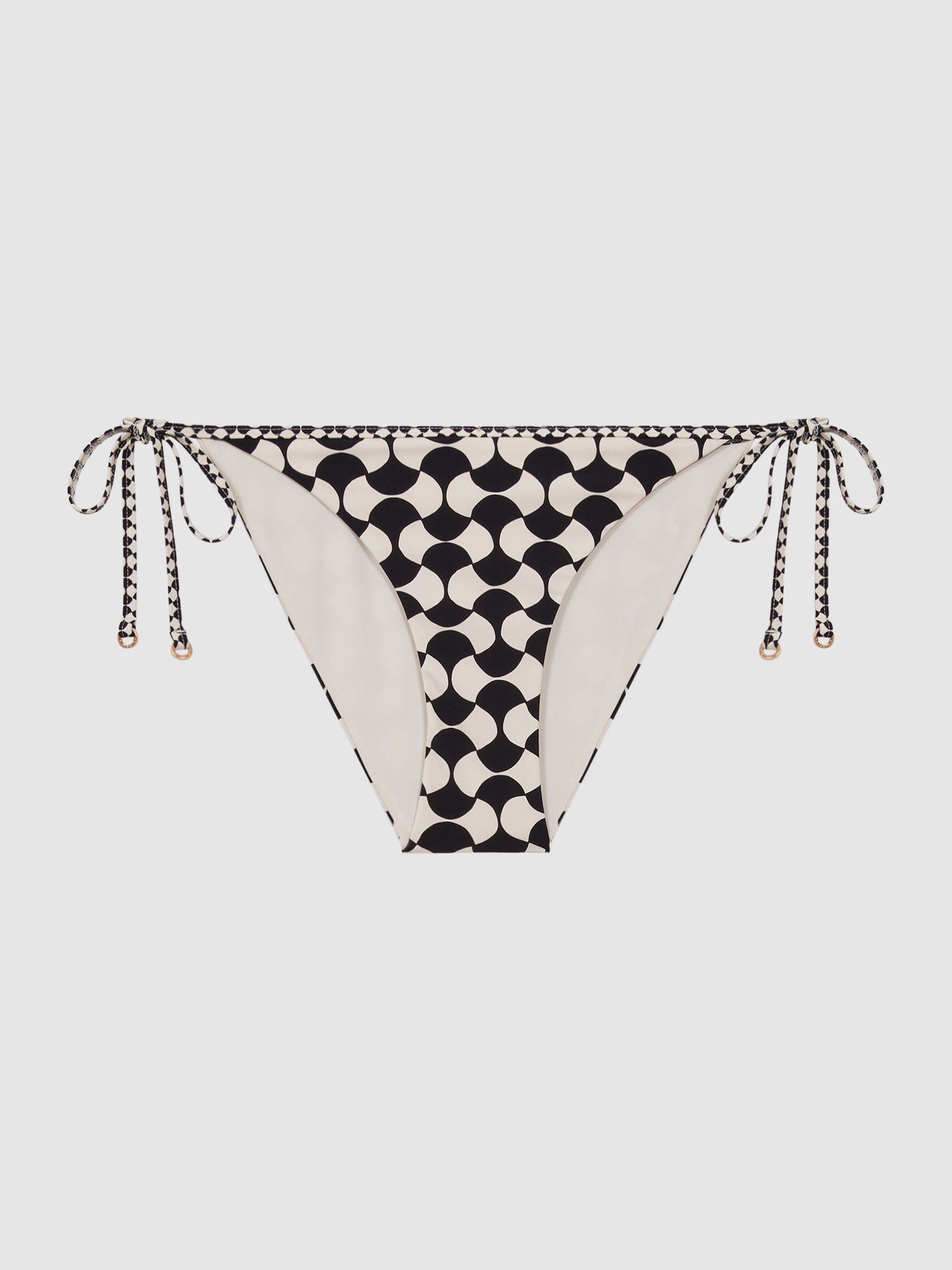 REISS Thia Printed Side Tie Bikini Bottoms in White/Black | endource