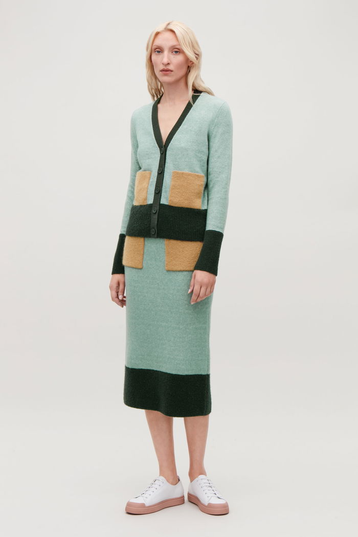 COS Colour-Block Cardigan in Turquoise / camel / green | endource
