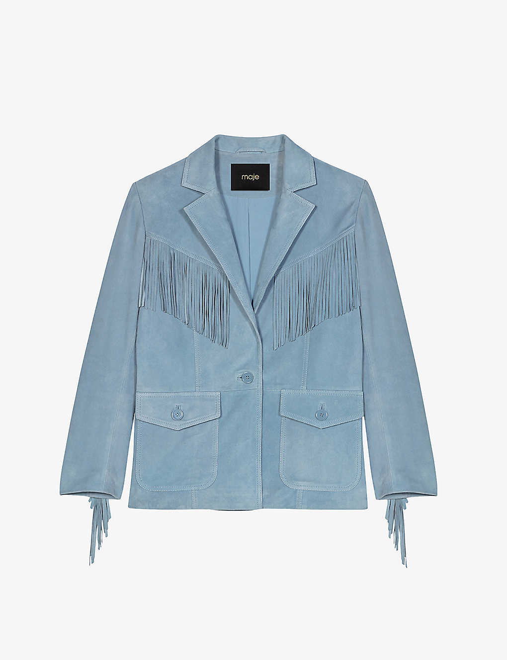 MAJE Fringe-Embellished Suede Jacket in Bleus | endource