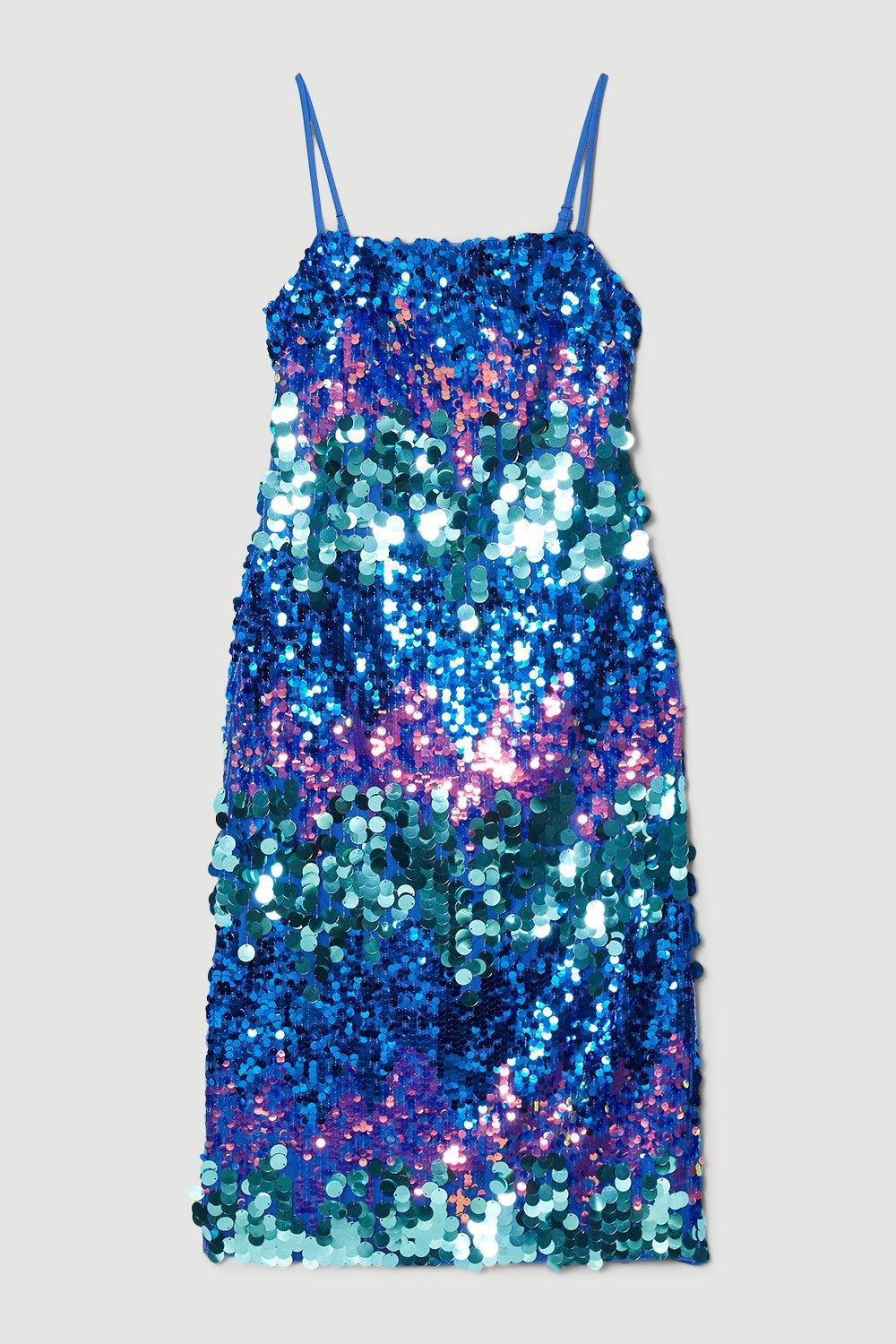 KAREN MILLEN Disc Sequin Strappy Woven Midi Dress in Blue | endource