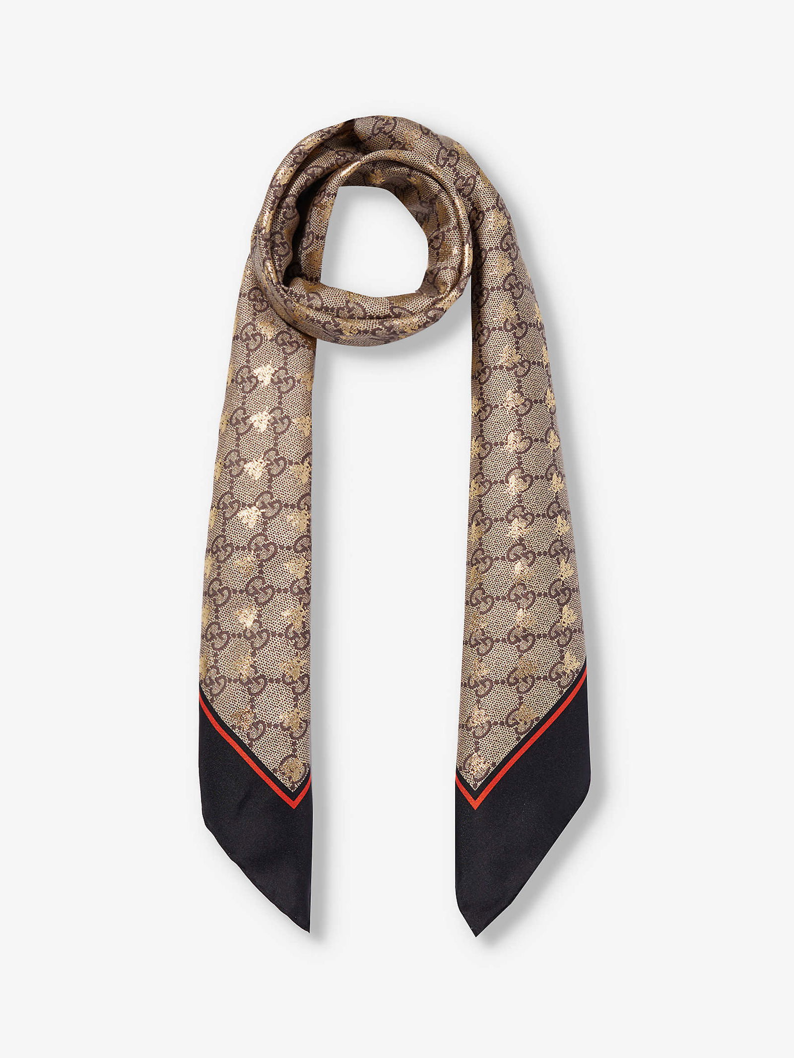 GUCCI GG-Monogram Bee-Embellished Square Silk Scarf in BLACK/RED | endource
