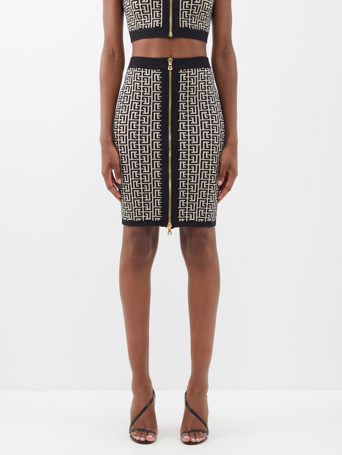 BALMAIN Monogram-Jacquard Zipped Pencil Skirt | endource