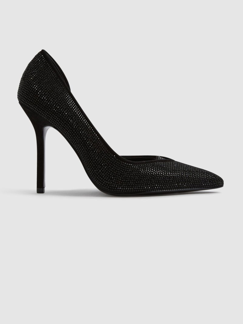 REISS Baines Crystal Pointed Court Heels in Black | Endource