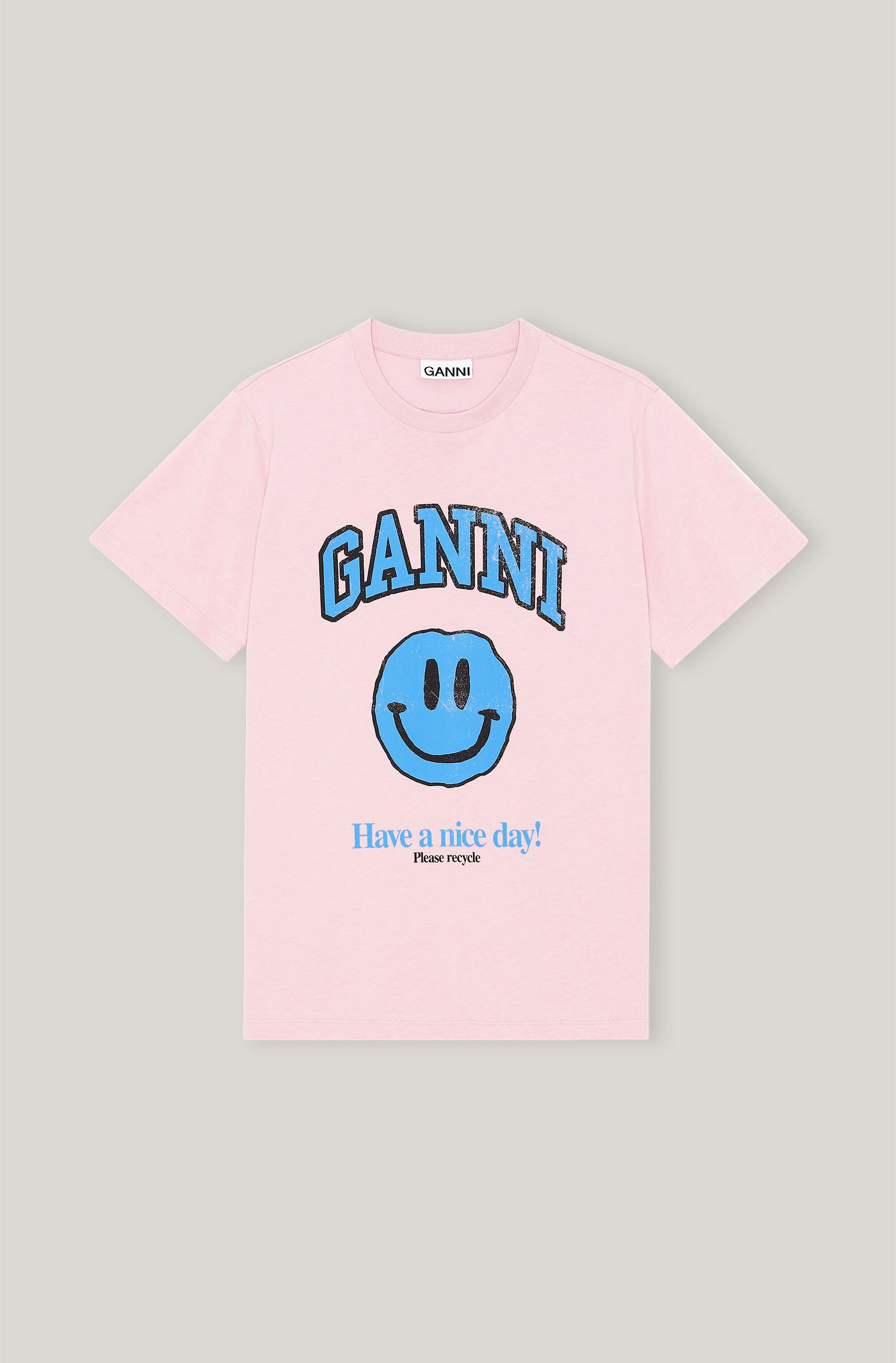 GANNI Basic Cotton Jersey Blue Smiley T-Shirt in Pink Nectar | Endource