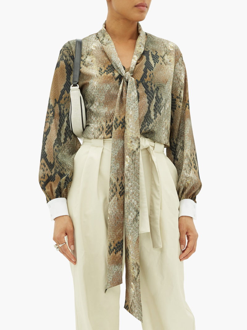 MSGM Snake-Print Tie-Neck Crepe Blouse in Green, print | Endource