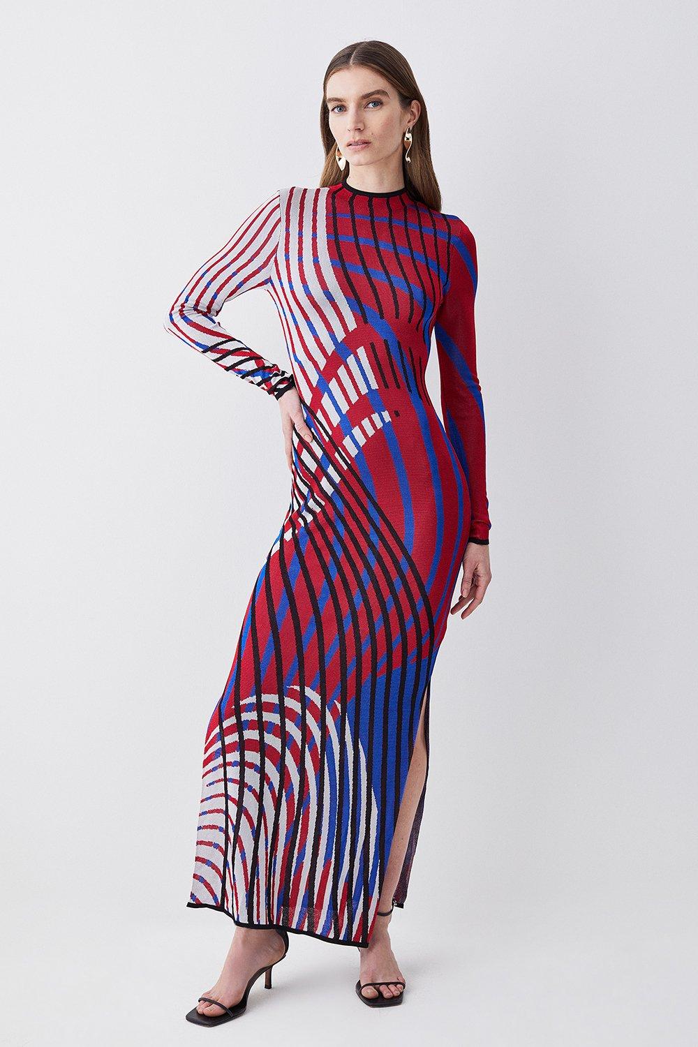 KAREN MILLEN Stripe Jacquard Knitted Maxi Column Dress in Red | endource