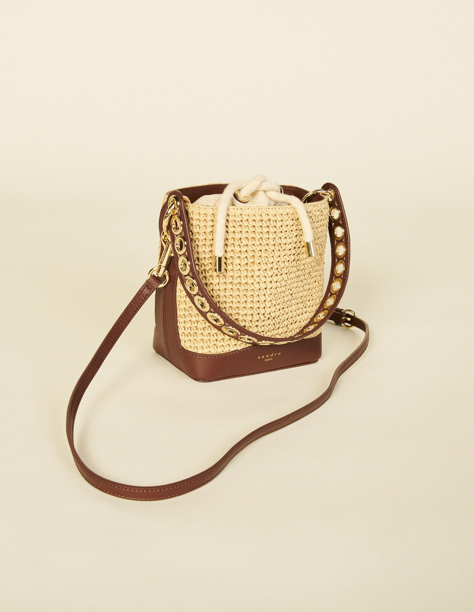 SANDRO Mixed-Material Bucket Bag in Beige | endource