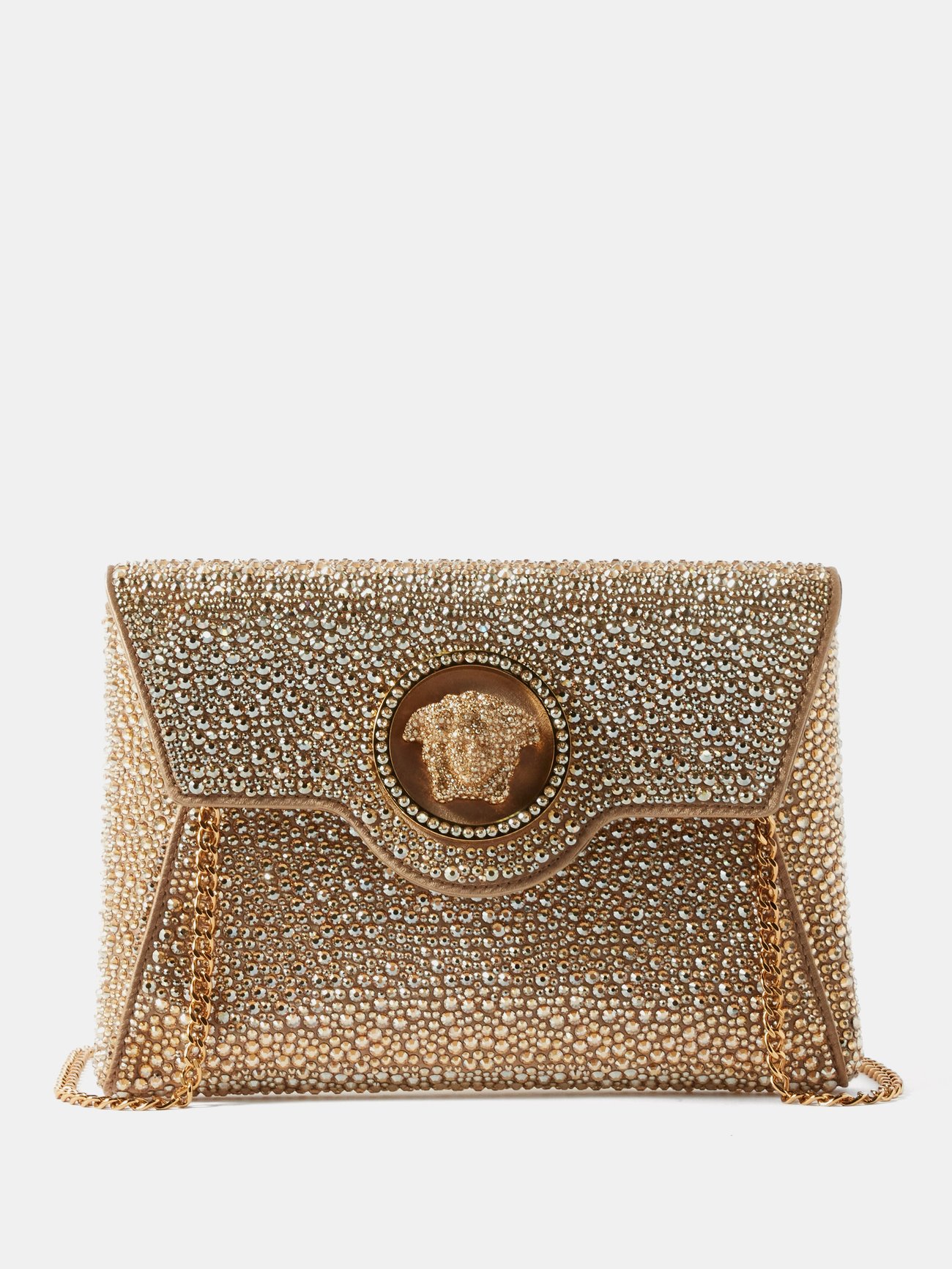 Versace Medusa Mini Crystal-Embellished Satin Clutch Bag in Gold | endource