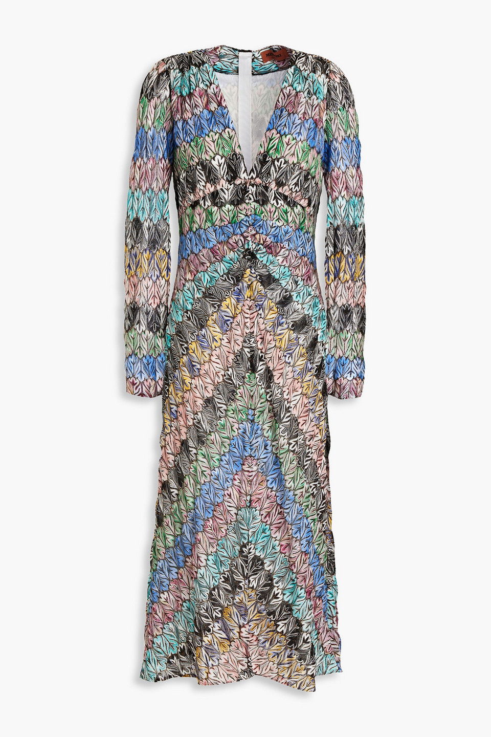 MISSONI Ruched Metallic Crochet-Knit Midi Dress in Multicolor | endource