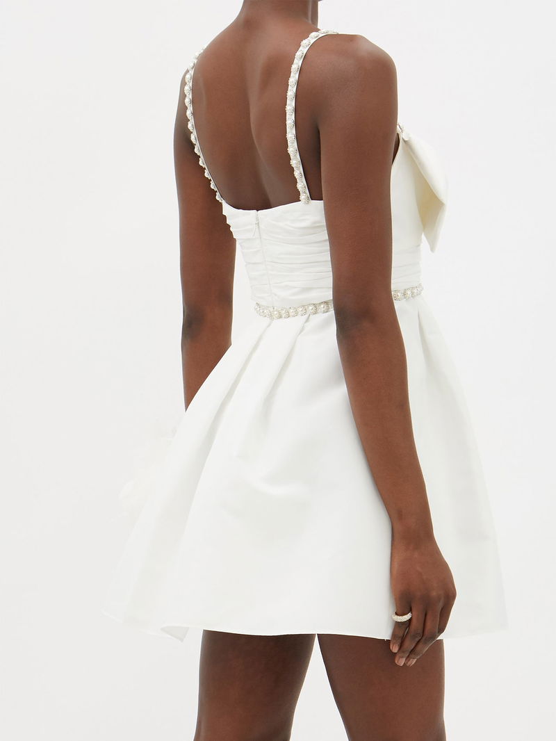Self Portrait Bow Tied Crystal Embellished Taffeta Mini Dress In White